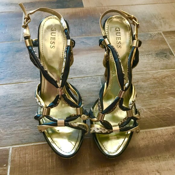 Guess | Shoes | Guess Metallic Gold And Black Snakeskin Heels | Poshmark